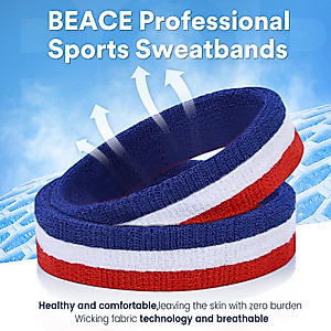 BEACE Sweatbands Sports Headband for Men & Women - Moisture Wicking Athletic Cotton Terry Cloth Sweatband for Tennis, Basketball, Running, Gym, Working Out Red White Blue