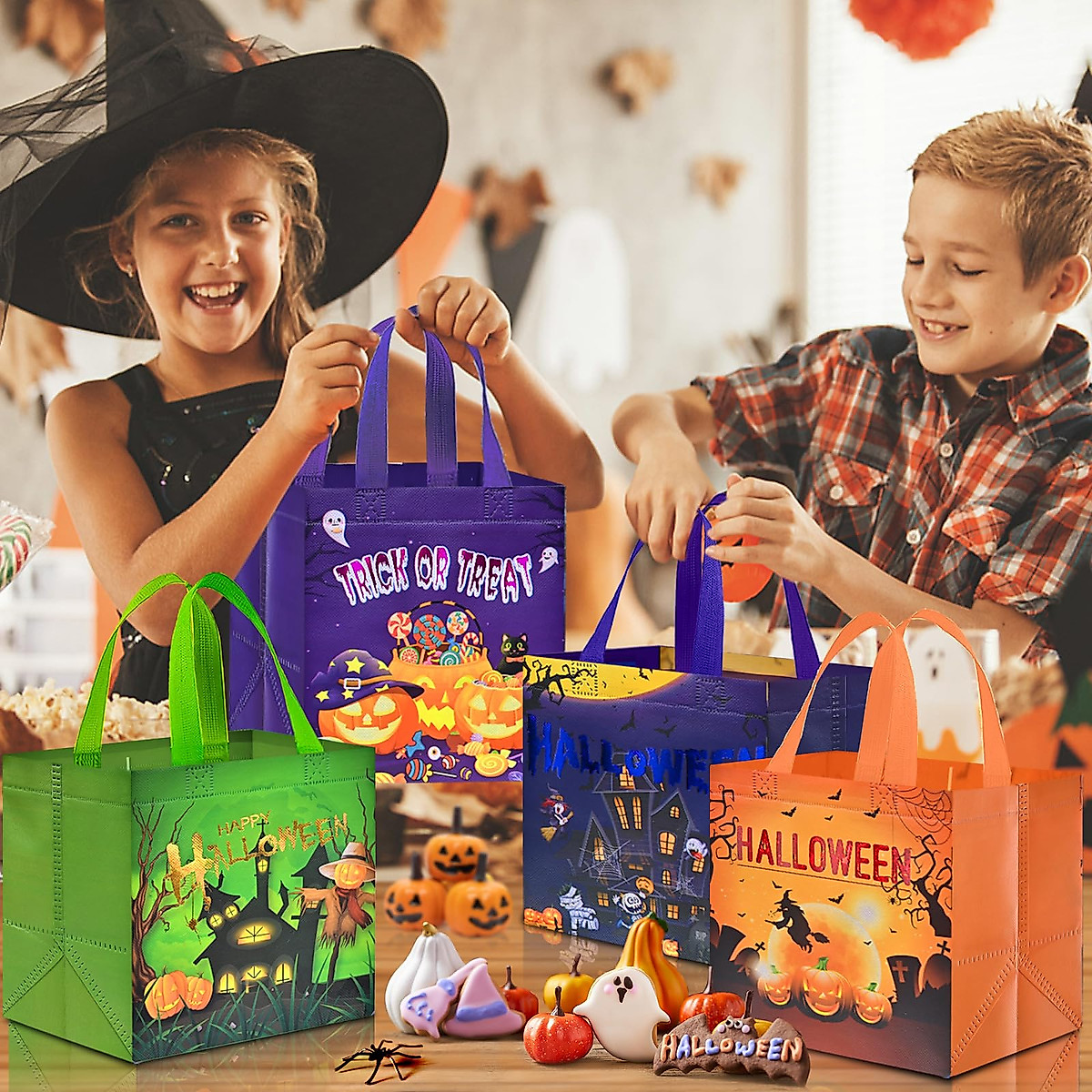 AhfuLife 6 Pcs Halloween Trick or Treat Bags, Halloween Candy Tote Bags with Handles, Reusable Halloween Non-Woven Gift Bags for Halloween Party Supplies Favors (7.8×7.8×5.9’’)