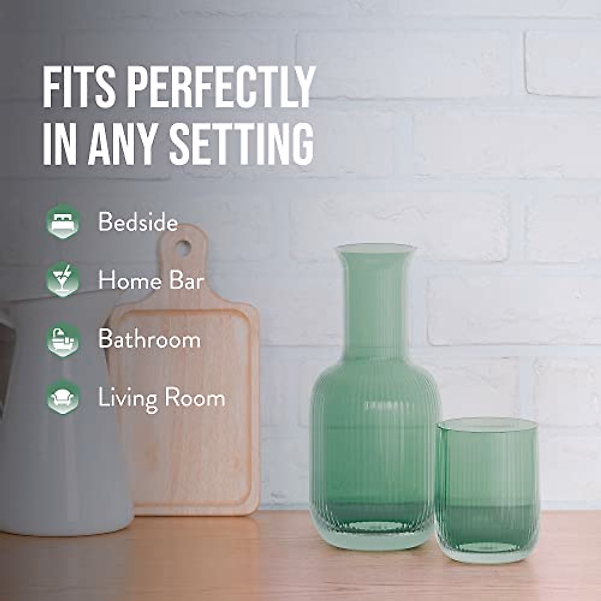 American Atelier Bedside Water Carafe with Tumbler | 28-Ounce Pitcher and Matching Drinking Glass | Use Cup as a Lid for Carafe | For Guest Room, Nightstand, Office, or Gift (Green)