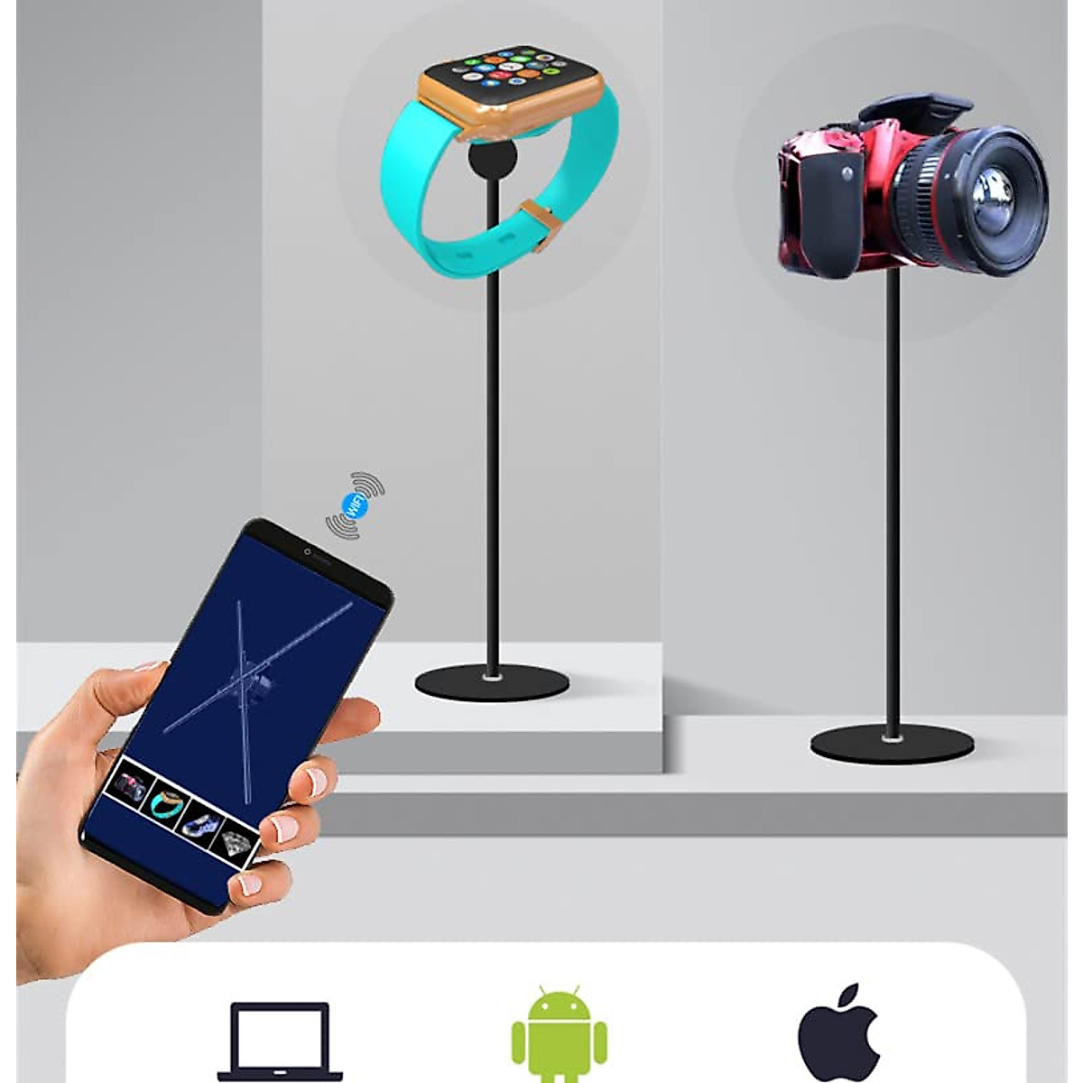 3D Hologram Fan WiFi Projector Hologram Fan 16.5“ Display App/Pc WiFi Real-Time Projection, Tabletop Holographic LED Ceiling Skylight Night Light for Halloween, Shop, Bar, Party Advertising Display