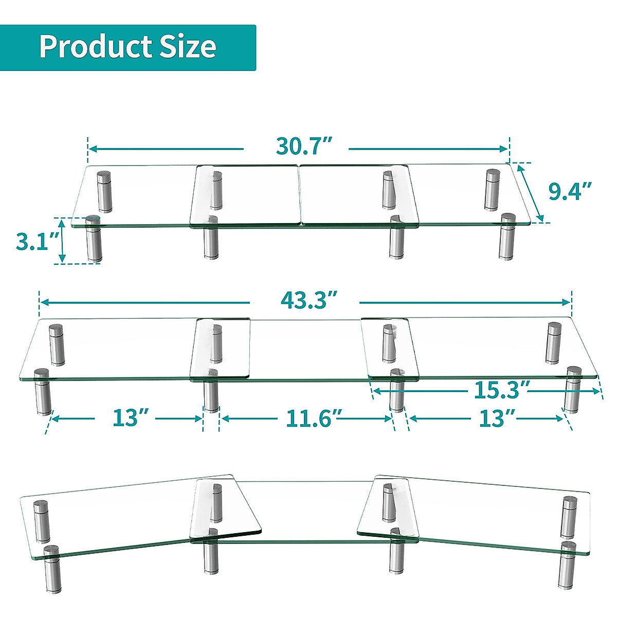 Zimilar Monitor Stand Riser with Metal Mesh Drawer, Height Adjustable Monitor Riser with Phone Holder for Computer Dual Glass Monitor Stand Riser, 3-Shelf Tempered Glass Monitor Stand