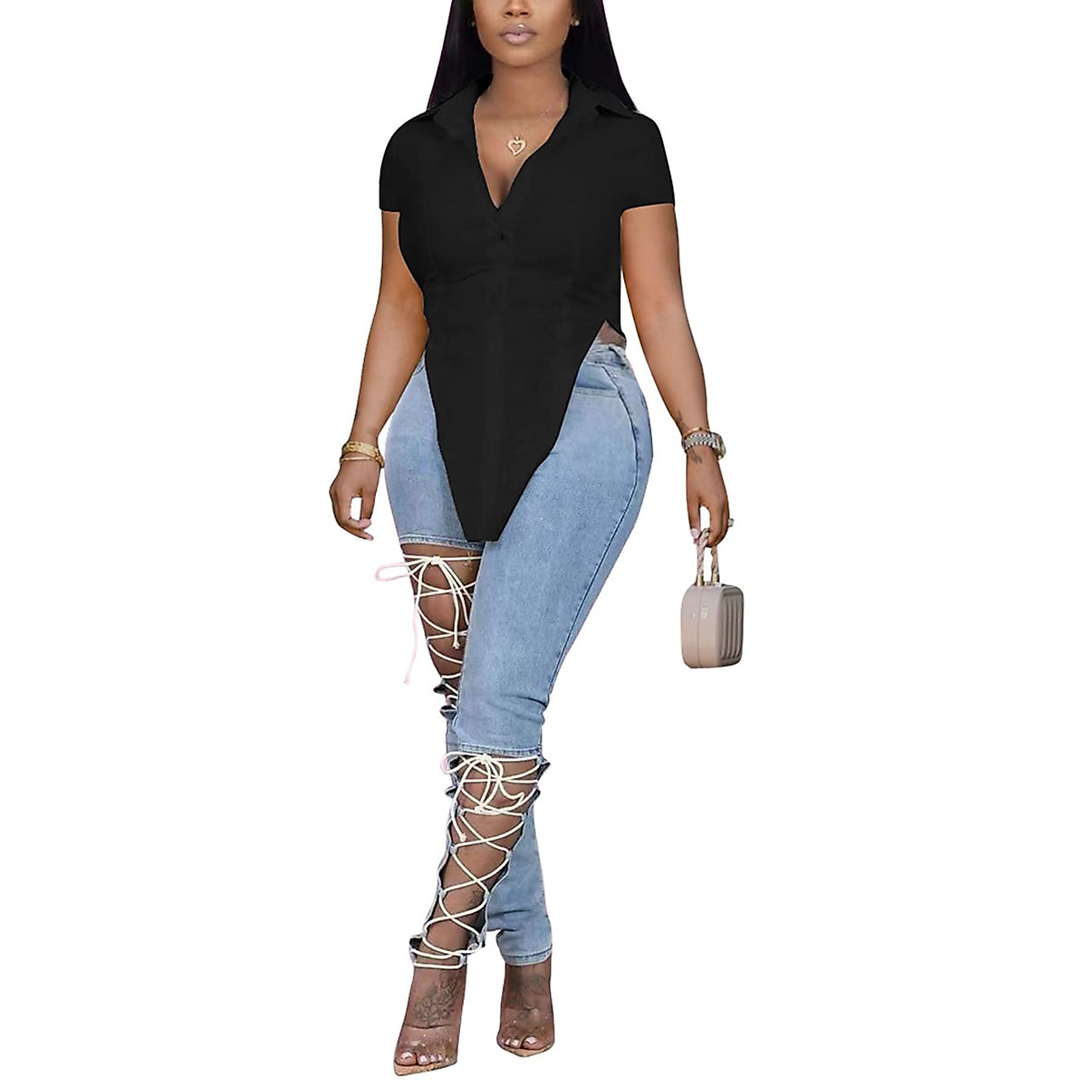 LYANER Women's V-Neck Collar Short Sleeve Slit Hem Button Front Long Shirt Blouse Top Solid Black XXX-Large