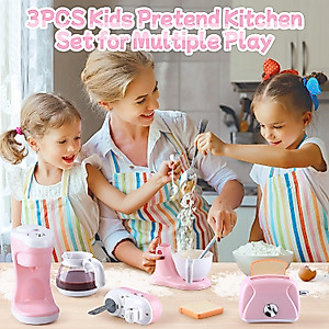Kitchen Appliances Toys, Kids Play Kitchen Accessories Set, Pretend Kitchen Toys for Kids Ages 4-8, Coffee Maker, Mixer, Toaster with Realistic Lights & Sounds, Gift for Girls Ages 3+