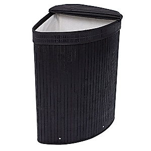BirdRock Home Corner Laundry Hamper with Lid and Cloth Liner - Bamboo - Black - Easily Transport Laundry Basket - Collapsible Hamper - String Handles