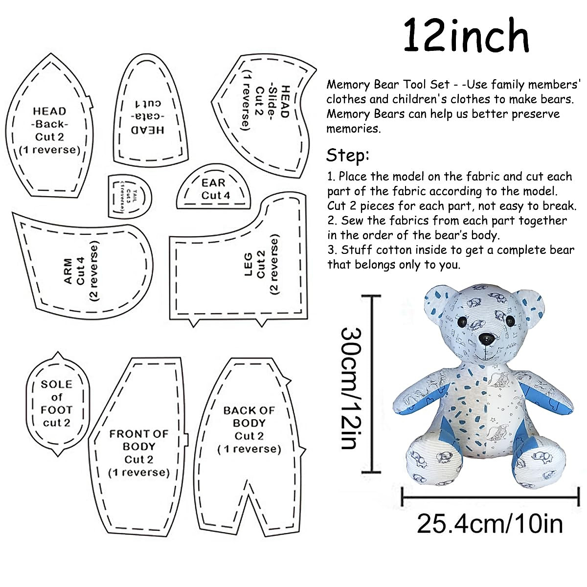 Memory Bear Template Ruler Set with Instructions, Memory Bear Sewing Patterns Template, Acrylic Quilting Template Cutting Set for Sewing Bear Pattern Template Home Sewing Art Craft (10 PCS (12 inch))