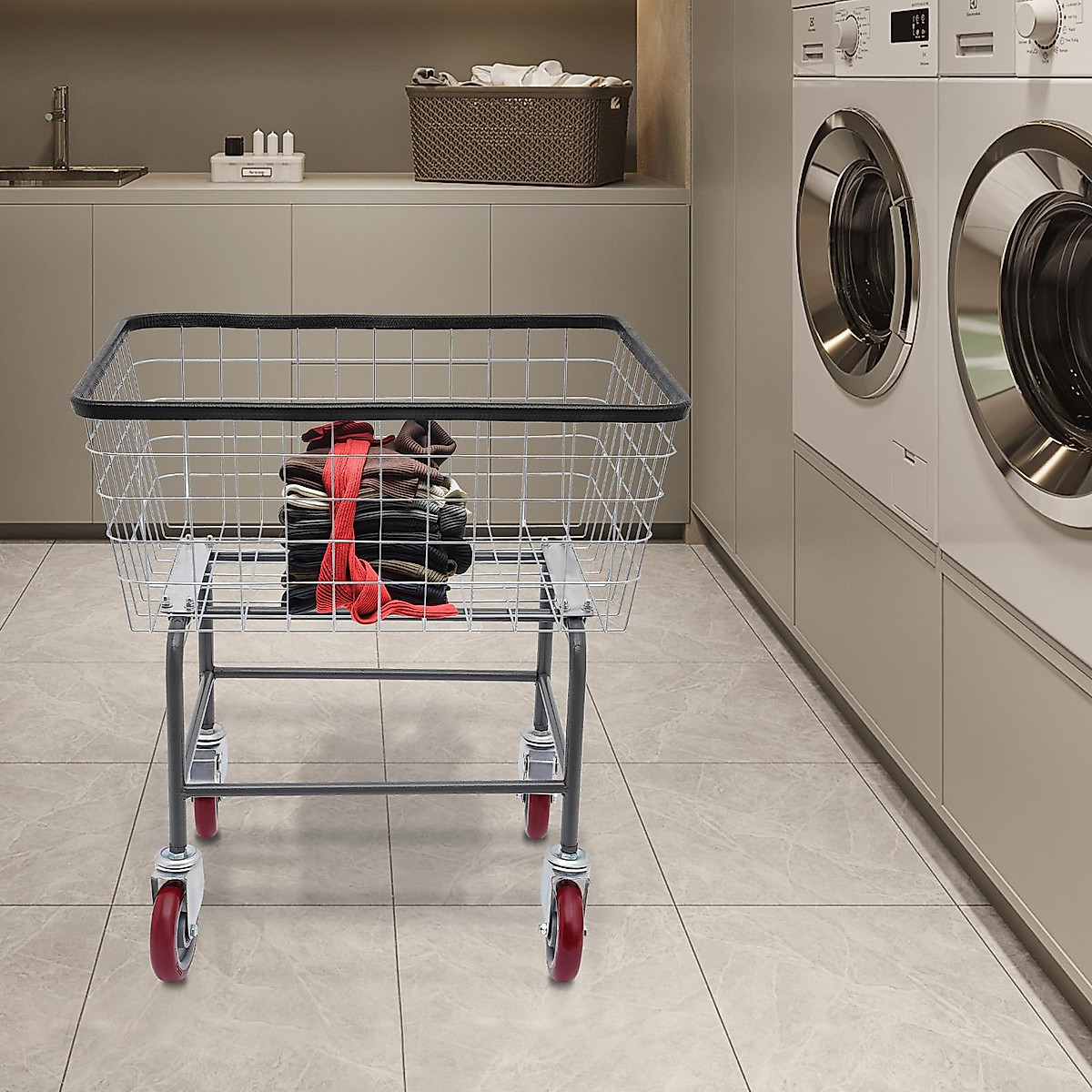 Laundry Cart,Steel Wire Laundry Cart,Laundry Basket With Wheels,Commercial Wire Laundry Basket Cart,Heavy Duty Laundry Cart for Laundry 20x15.7x26in (B)