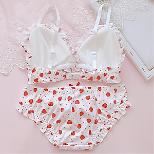 Paloli Women’s Cute Wirefree Lingerie Set, Strawberry Bikini Set Ruffle Trim Bra And Panty - 100% Cotton