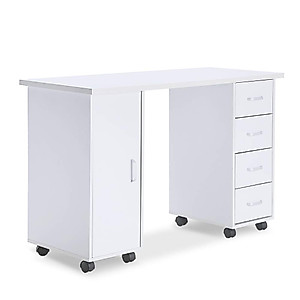 Paddie Manicure Nail Desk for Technician, Acetone Resistant Wooden Salon Spa Nail Table Station w/Cabinet, Drawers, Controllable Wheels & Client Wrist Pad