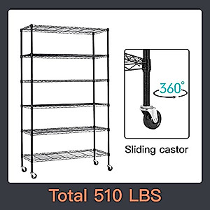 Commercial Wire Shelving Unit Metal Shelf Casters Adjustable Layer Rack Strong Steel for Restaurant Garage Pantry Kitchen Garage (48×18×72, Black)