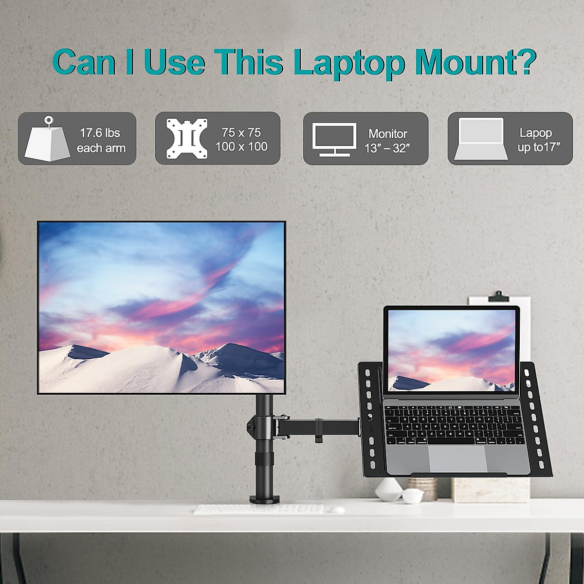 MOUNT PRO Laptop Desk Mount, Height Adjustable, Fits 13" to 32" Screens, with Clamp/Grommet Mounting Base, Holds Up to 17.6lbs