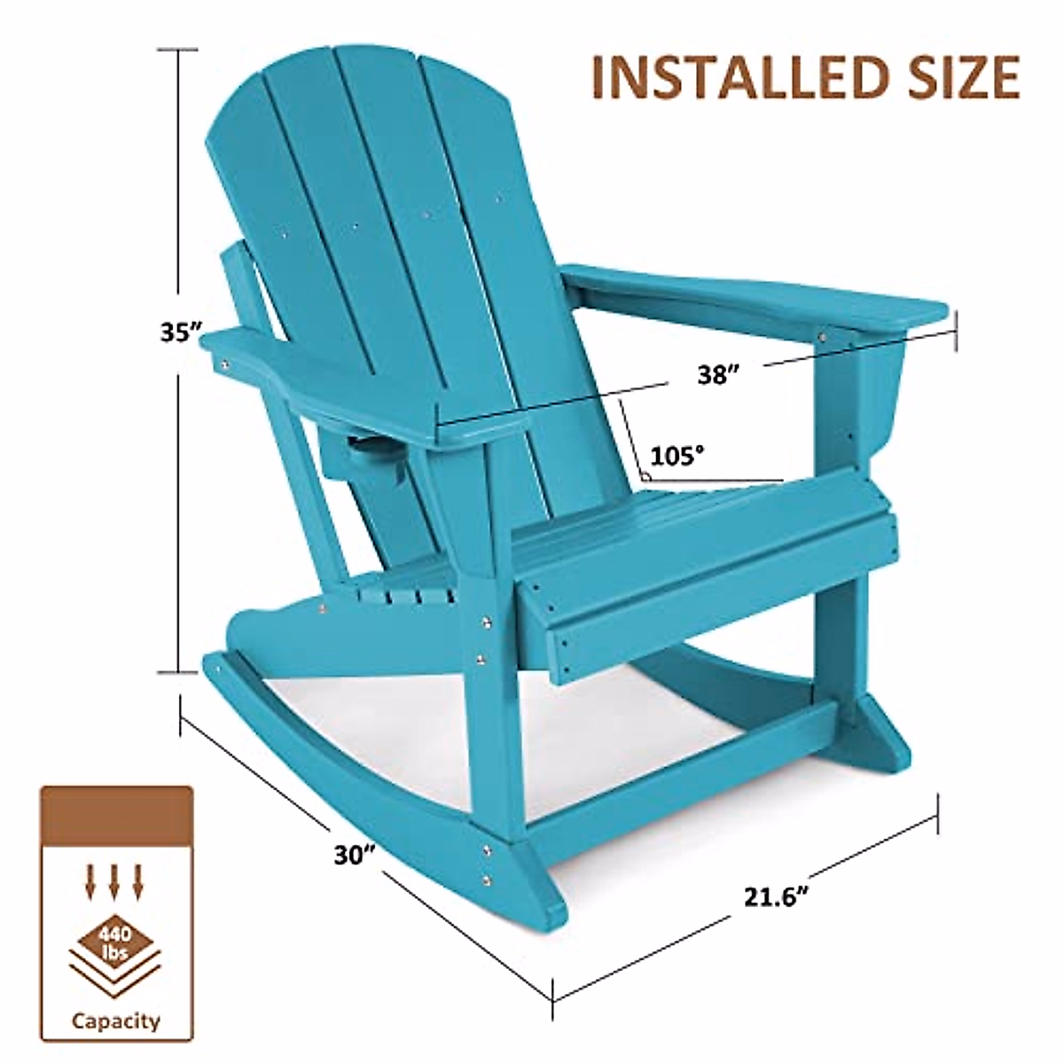 ABCPATIO Adirondack Rocking Chairs Weather Resistant Outdoor Patio Chair with Cup Holder, Seat Width 21.6" Turquoise