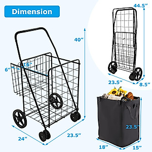 Goplus Folding Shopping Cart for Groceries, Upgraded Jumbo Grocery Cart with Waterproof Liner, 32 Gallon Capacity, 360° Rolling Swivel Wheels and Double Basket, Heavy Duty Foldable Utility Cart