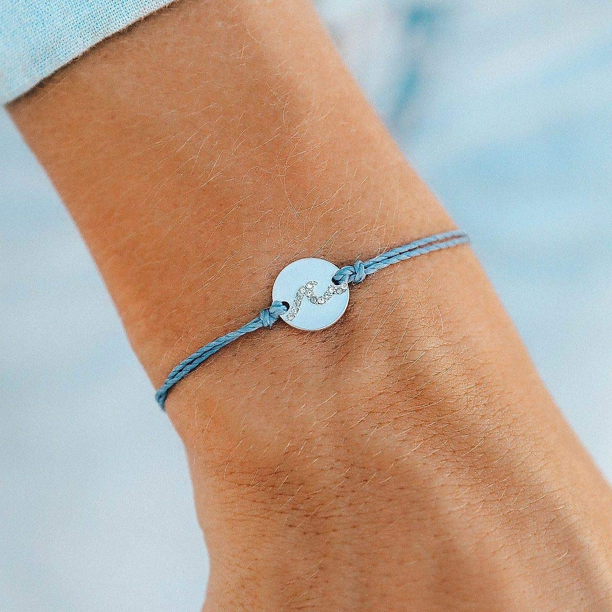 Pura Vida Silver Pave Wave Coin Bracelet - 100% Waterproof, Adjustable Band - Brand Charm, Blue Steel