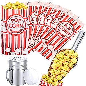 302 Pieces Popcorn Machine Supplies Bundle Includes Stainless Steel Popcorn Scoop, Popcorn Seasoning Dredge Shaker, 300 Pcs 1 oz Popcorn Bags for Home Kitchen Theater Movie Use
