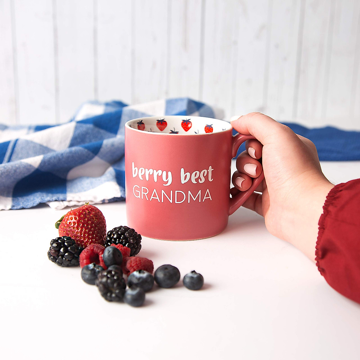 Pavilion Gift Company Berry Best Grandma-15oz Pink Strawberry Stoneware Coffee Cup Mug, 15oz, Blue