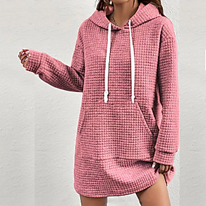 ZYXTIM Women Waffle Knit Sweatshirt Dress Plus Size Loose Fall Long Sleeve Hoodies Drwastring Pullover with Kangaroo Pocket Pink
