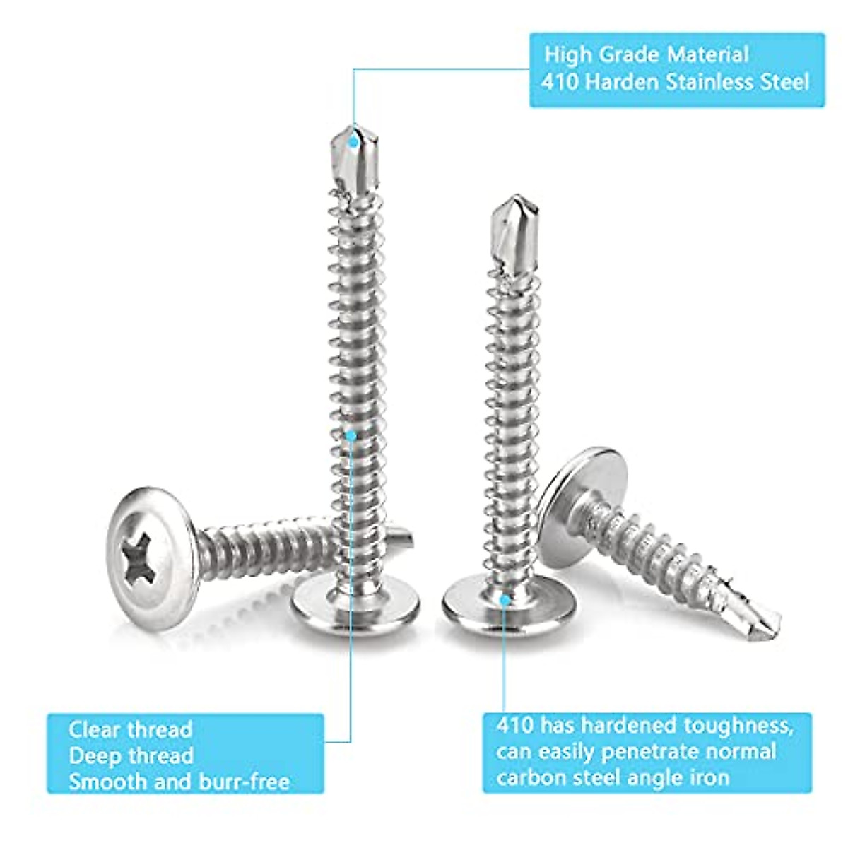 OIZEN 410PCS 410 Stainless Steel Self Drilling TEK Screw Assortment Kit (Silver),Hex Washer Head & Wafer Head Screws,Multiple Length