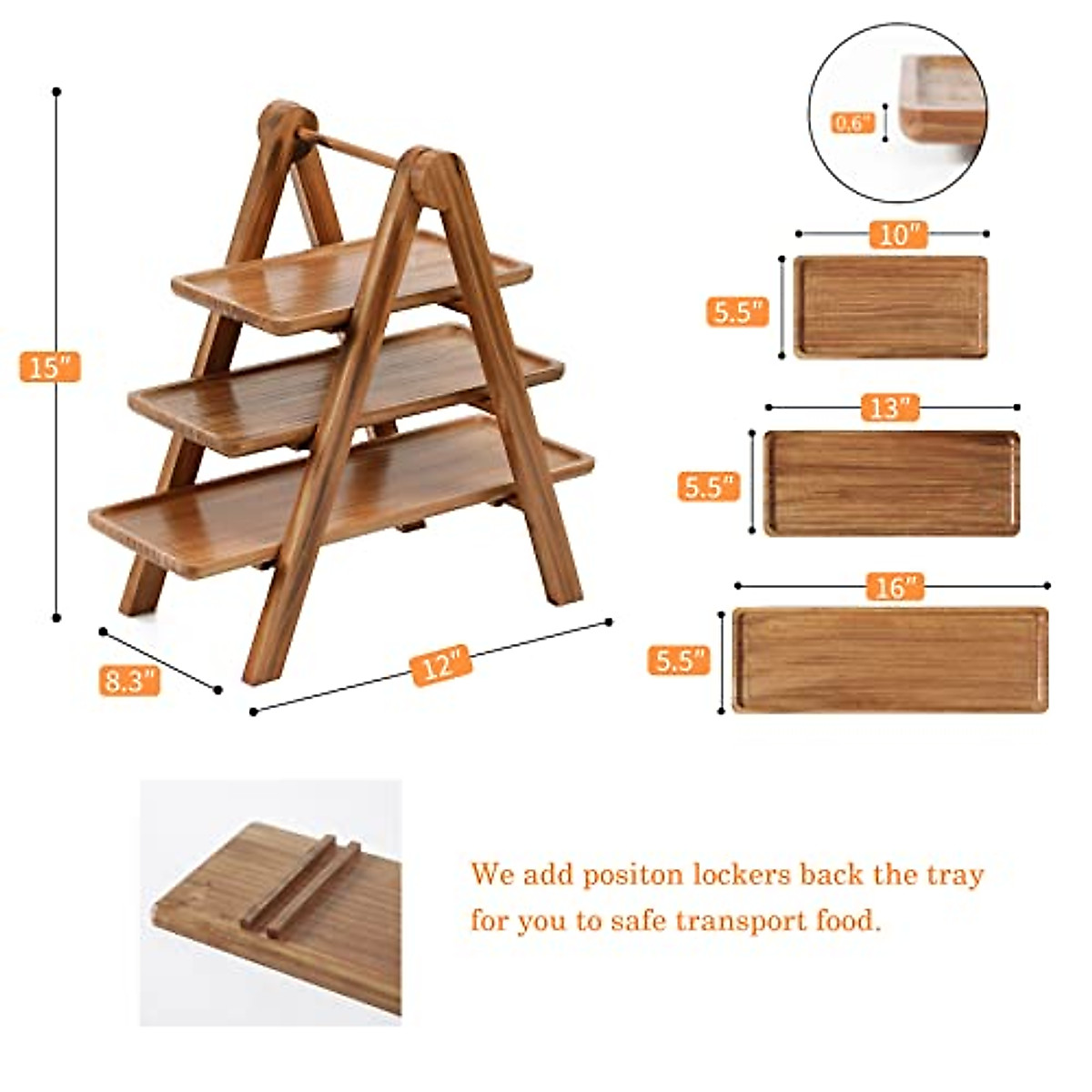 Wooden Tiered Serving Tray Wood 3 Tier Trays Stand Rectangular Cupcake Platters Collapsible Detachable Dessert Cake for Fruit Appetizers Tea Party Entertaining Food Buffet Wedding Farmhouse Decorative