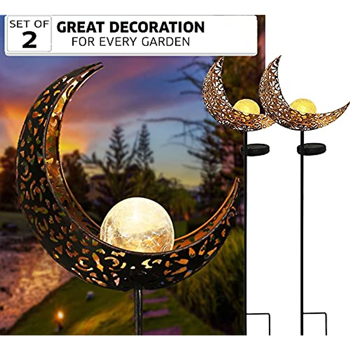 XVZ Solar Moon Crackle Glass Globe Stake Metal Lights, 2 Pack Solar Powered Garden Decorations,Waterproof Outdoor Decorations for Walkway,Pathway,Lawn,Lawn,Patio or Courtyard