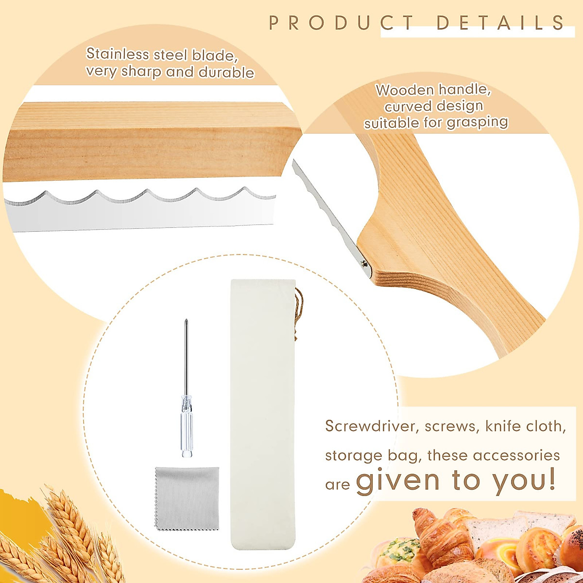 Wooden Bread Bow Knife 15.8 Inch Serrated Knife with Wooden Handle Bread Slicer Bread Knife for Homemade Bread Sourdough Bread Cutter with Linen Storage for Cutting Bagel