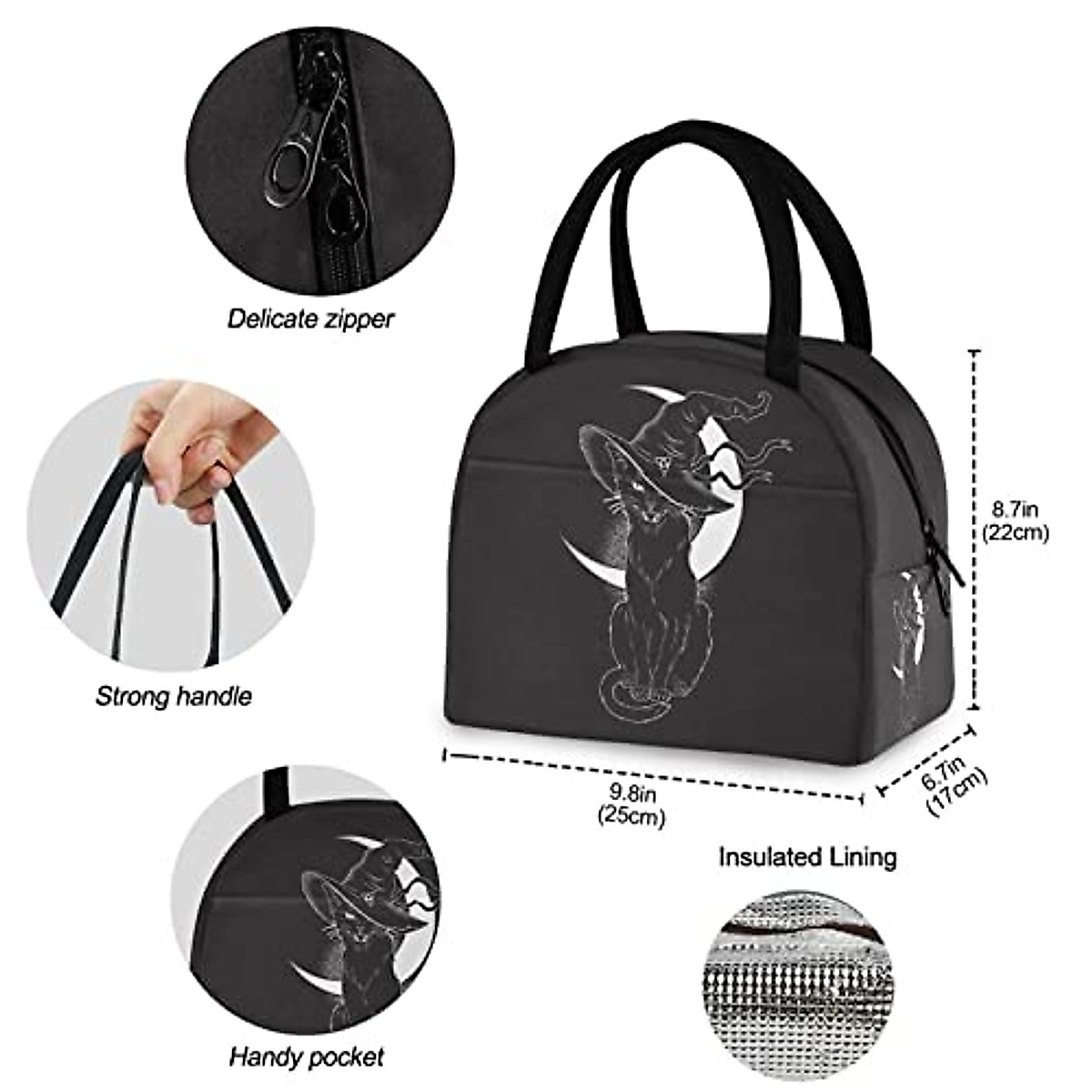 ZzWwR Black Cat in Witch Hat Halloween Lunch Tote Bag with Front Pocket Reusable Insulated Thermal Zipper Closure Cooler Container Bag for School Work Picnic Travel Fishing Beach
