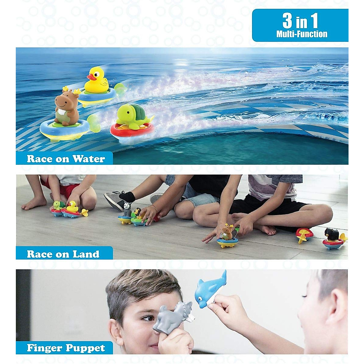 Dollibu Boat Racer Buddy, Fun Educational Bath Toy Finger Puppet Pull and Go Water Racing Woodland Pal for Shower Pool Bathtub Swim Hard Surface for Baby Toddler and Boy - 6 Inch - 3 in 1 Game - Moose