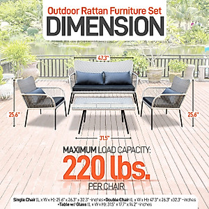 SereneLife SL4PCGR51.3 4 Pcs. Patio Outdoor Rattan Furniture Set-Includes 1 Double 2 Single Chairs with Soft Cushion, and 1 Glass-top Coffee Table Gray, Light Grey