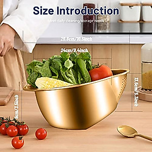 2pcs Multifunctional Drain Basin And Vegetable Washing Basin, Rice Washing Bowl with Strainer, Stainless Steel Side Drainers for Fruits, Vegetables and Beans Versatile Kitchen Tool (Gold)