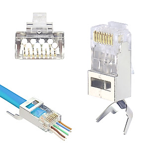 LEENUE CAT7 RJ45 Connector (10 Set) 50μ Gold Plated CAT6A RJ45 Pass Through Ethernet Plug with Blue Boot for CAT7 Solid or Stranded Thick Network Cable 23 AWG