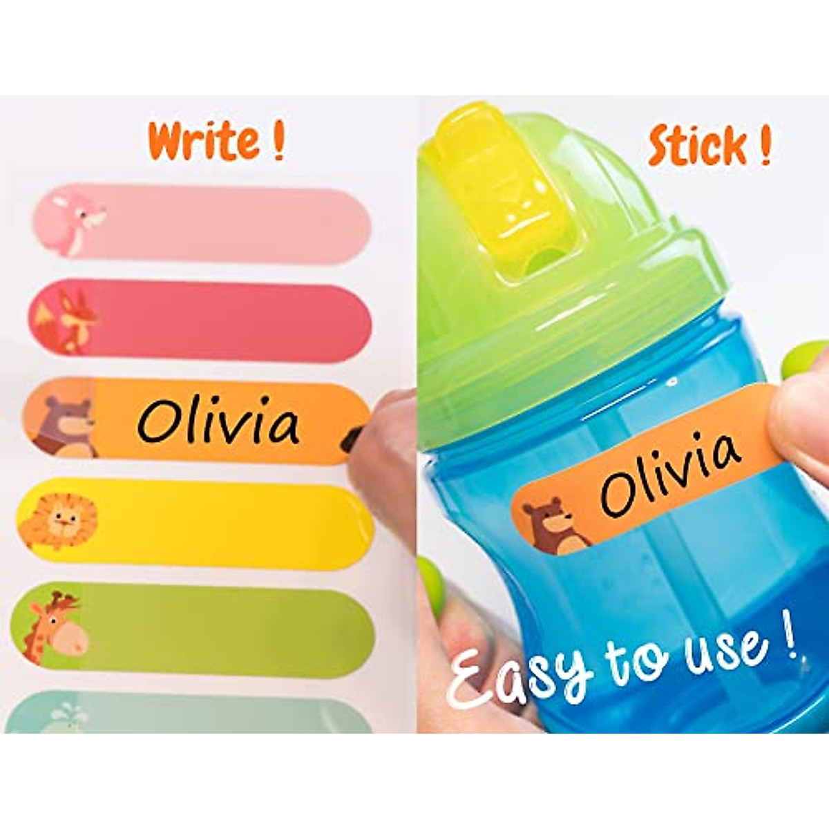 Baby Daycare Bottle Bag Labels, Self-Laminating, Waterproof Write-On Name Stickers, Assorted Sizes & Colors, Pack of 64