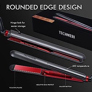 TECHMERI Hair Straightener and Curler 2 in 1, Flat Iron Hair Straightener with 5 Temp, Titanium Flat Iron with Dual Voltage, Temperature Memory