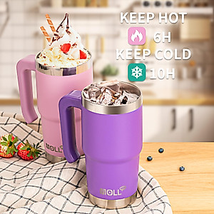 Mollcity Insulated Tumbler with Handle 16 oz Stainless Steel Double Wall Vacuum Tumbler Travel Water Cup with Lid and Straw, BPA Free (Purple)