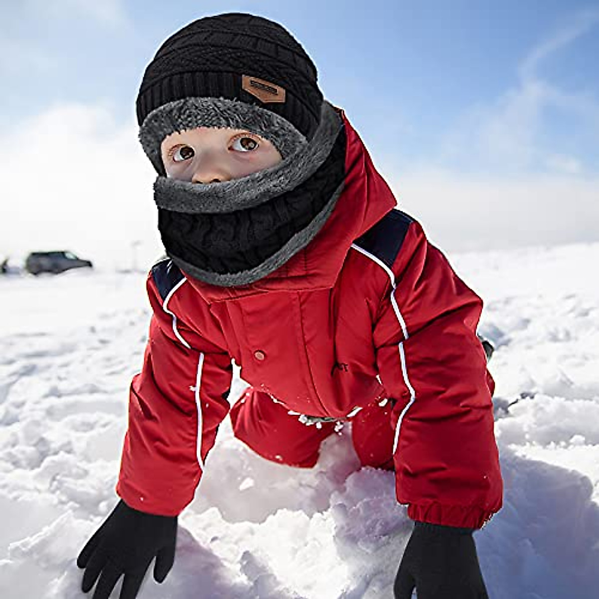 3 Pcs Boys Girls Winter Beanie Hat Scarf Gloves Set Thick Knitted Warm Toddler Winter Hat Mittens Neck Warmer for Kids Black