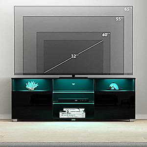 LED TV Stand for 65 inch TVs, Modern TV Stand with LED Lights and High Glossy Cabinets, Game Console Entertainment Center with Storage Shelves and Media Layers for Living Room Bedroom (Black, 57inch)…