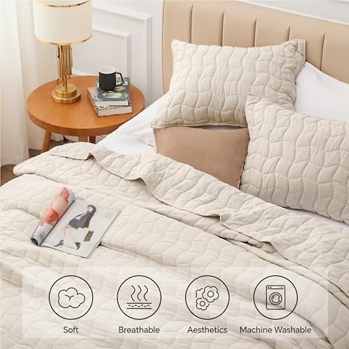 BEDELITE Ultra Soft Bone King Size Quilt Set 3 Piece - Modern Style Bed Quilt with Rice Stitch Embroidery - Nature Bedspread Coverlet for All Seasons (Linen, Includes 1 Quilt and 2 Pillow Shams)