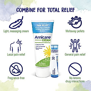Boiron Arnicare Cream and Arnica 30c Value Pack for Pain Relief, Muscle Soreness, and Swelling from Buising or Injury - 2.5 oz + 80 Pellet Tube