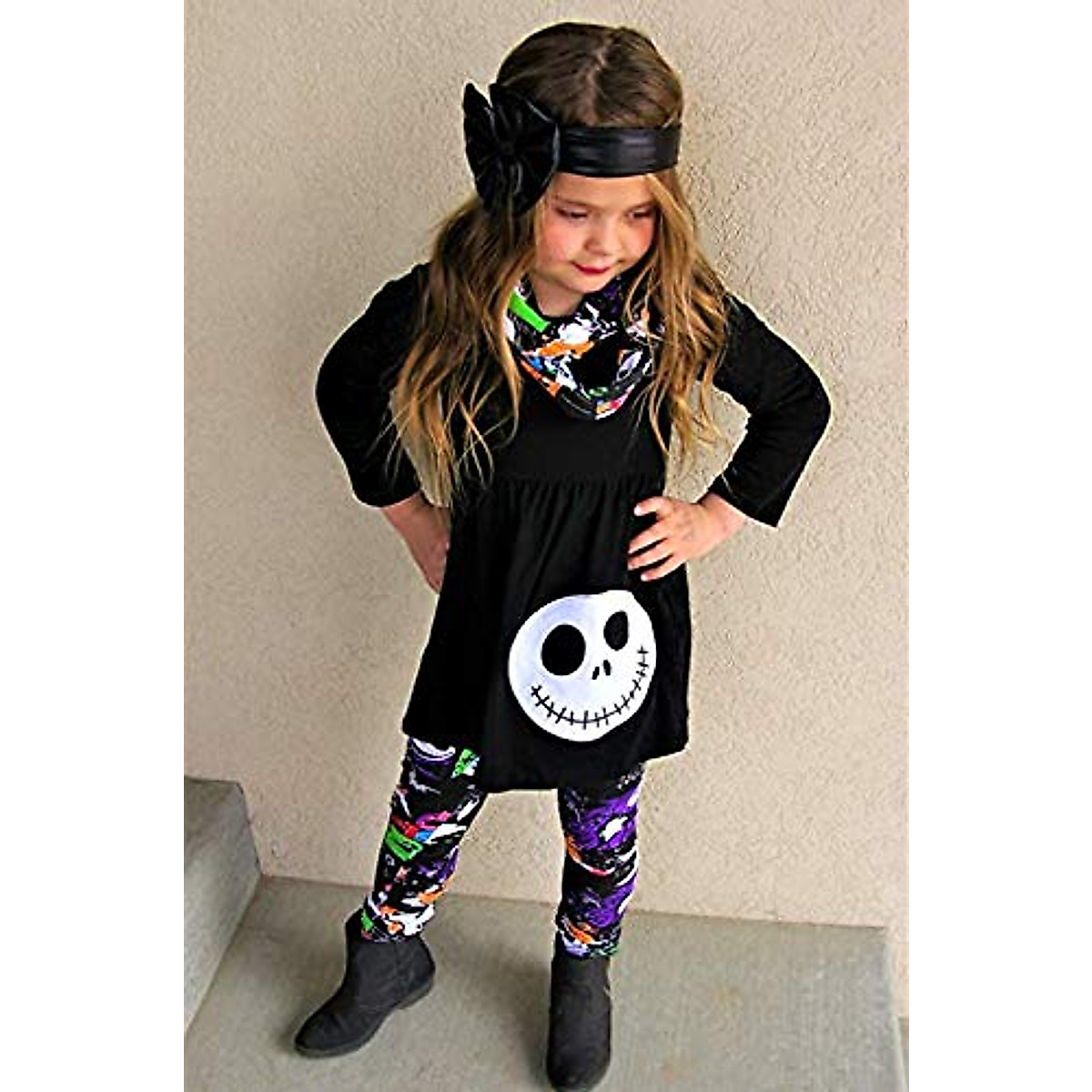 Toddler Baby Girl Halloween Outfit 3PCS Skull Tunic Dress + Leggings + Infinity Scarf Clothes Set (Black, 18-24 Months)