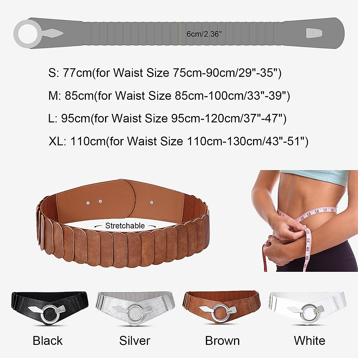 WHIPPY Women Wide Elastic Waist Belt Vintage Wide Stretch Waist Belt Fashion Retro Leather Waistband for Dresses, Brown, L
