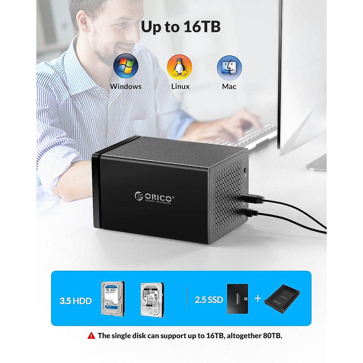 ORICO 5 Bay Raid Hard Drive Enclosure USB C Magnetic Aluminum HDD Enclosure with Fan for 3.5inch All SATA HDD Support 7 RAID Modes, Storage Expansion Up to 80TB for Office and Home- NS500RC3