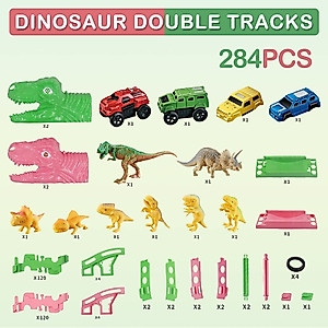 Dinosaur Toys for Kids Green and Pink Double Dinosaur Tracks Race Car Create Flexible Tracks Dinosaue World Playset 284 pcs for Gifts