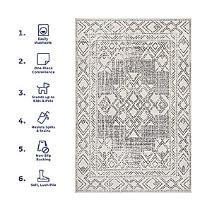 nuLOOM Mia Machine Washable Geometric Medallion Ultra Thin Area Rug, 8' x 10', Light Grey