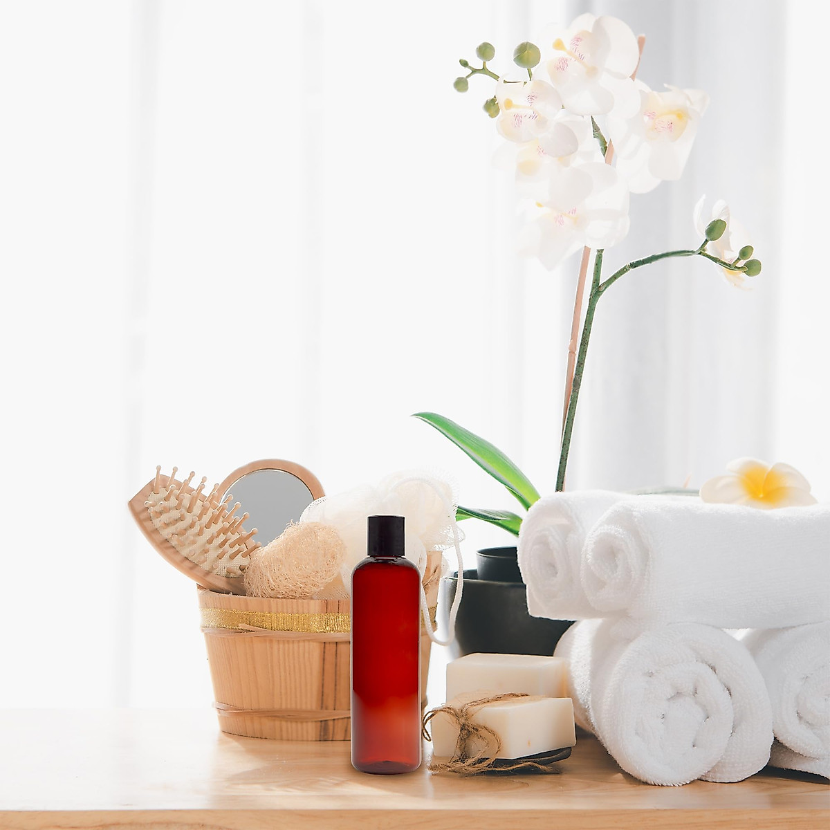 Cornucopia Brands 8oz Plastic Bottles w/Disc Top Flip Cap (6-Pack); BPA-Free Containers For Shampoo, Lotions, Liquid Body Soap, Creams (8 ounce, Amber Brown)