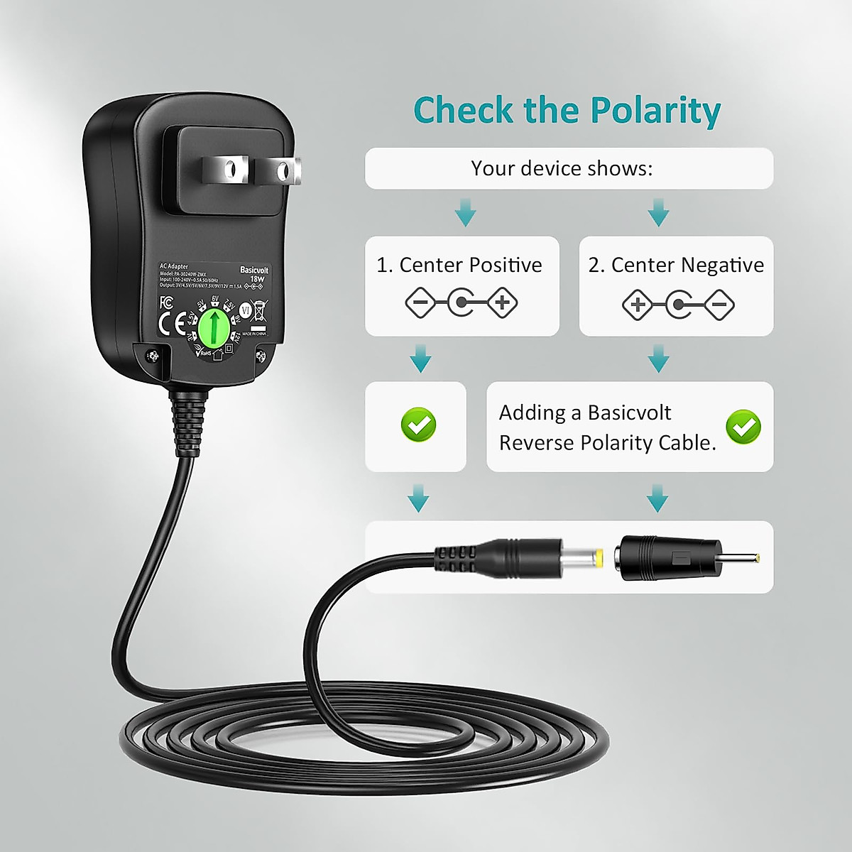 Basicvolt 18W DC 12V Power Supply Universal Power Adapter 3V 4.5V 5V 6V 7.5V 9V 12V 1A 1.5A AC DC Power Cord for LED Strip Light Router Speaker CCTV Camera Tablet and More Household Electronics