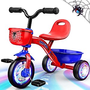 Tricycle for Toddlers 1-3 3-5 Year Olds, Spidern Toddler Bike Baby Balance Bike with Colorful Lighting Wheels & Large Basket, Birthday Gift and Toy for 1 2 3 4 5 Year Olds Boys and Girls