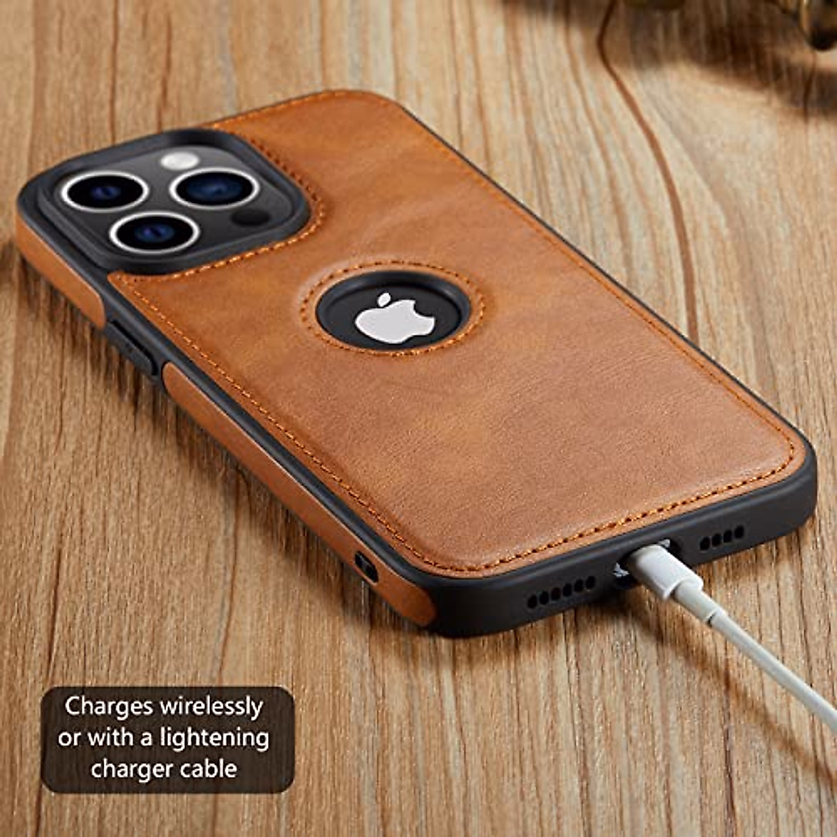 Casus Designed for iPhone 14 Pro Max Case Vegan Leather Slim Logo View Classic Luxury Elegant Thin Protective Cover (2022) 6.7" - Golden Brown