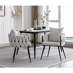 INMOZATA Dining Chairs Set of 2, Modern Woven Dining Room Chairs, Upholstered Kitchen Chairs, Velvet Dining Chair with Black Metal Legs,Ivory