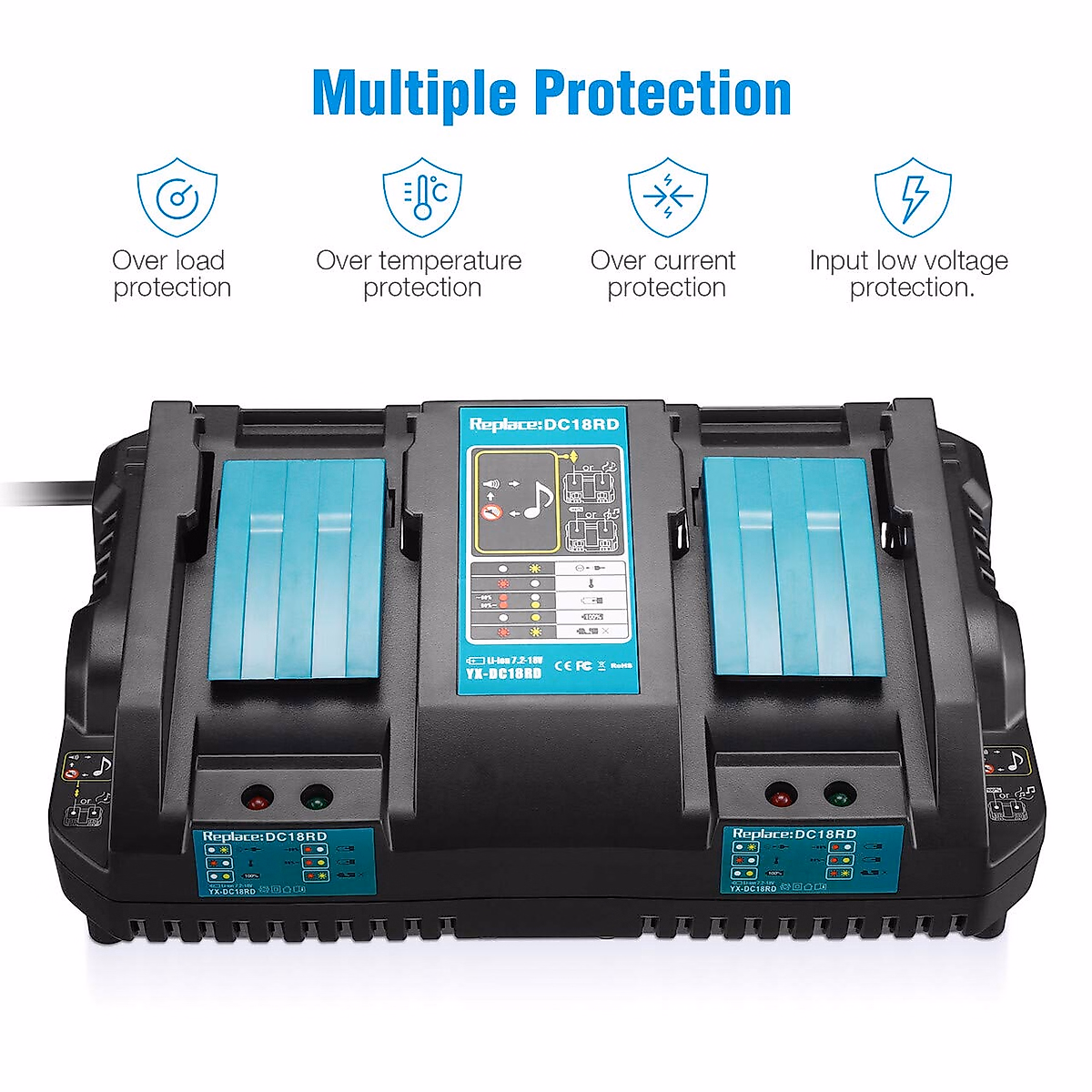 Powerextra DC18RD Dual Charger Compatible with Makita 14.4V 18V Lithium-Ion Battery, BL1415 BL1430 BL1440 BL1840 BL1850 BL1850B BL1860B etc, Replace DC18RD DC18RC DC18SF DC18RA DC18RF