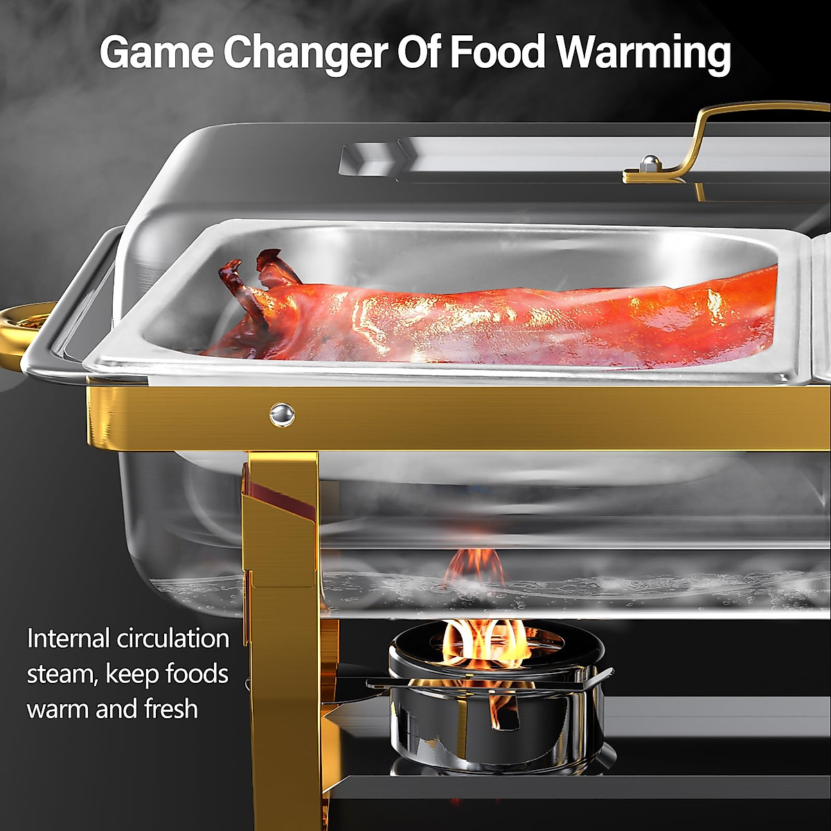 Jacgood 2 Pack 8 QT Chafing Dish Buffet Set, Gold Stainless Steel Catering Serve Chafer, Restaurant Food Warmer, Buffet Stove with Half Size Food Pan and Foldable Frame for Party