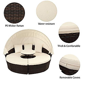 Merax Patio Round Daybed Furniture Set with Retractable Canopy, Coffee Table & Waterproof Cushions, Outdoor Wicker Rattan Sectional Sofa Set for Garden Poolside Backyard Lawn Porch (Beige, 4 Piece)
