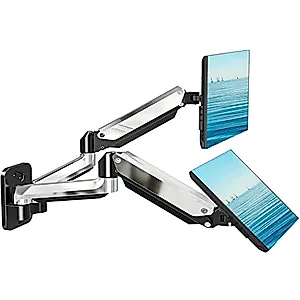 MOUNTUP Dual Monitor Wall Mount for 2 Max 32 Inch Computer Screen, Silver Polished Aluminium Full Motion Gas Spring Double Monitor Arm, VESA Bracket Support 3.3-17.6lbs, Swivel Monitor Stand Holder